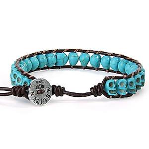 KELITCH New Turquoise Bracelets Skull Beaded Wrap Bracelet on Brown Leather Bracelets Handmade Jewelry