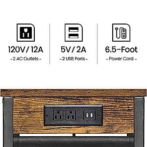 Slim End Table with Charging Station, Side Table with 2 USB Ports and Outlets, C-Shaped Snack Table with Cloth Bag, TV Tray Table, Couch Table TB01BB024