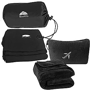 BlueHills Premium Mini Plush Travel Blanket and Ultra Compact Travel Blanket Value Pack Set of 2 - Airplane Flight Blanket Throw in a case with Strap Compact Pack for Car Plane Travel Black