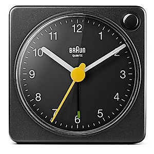 Braun Classic Travel Analogue Clock with Snooze and Light, Compact Size, Quiet Quartz Movement, Crescendo Beep Alarm in Black, Model BC02XB, One