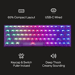 Higround Crystal Amethyst Basecamp 65% Mechanical USB Wired Gaming Keyboard, White Flame Switches, Programable RGB, Transparent/Translucent, Hot-Swappable, Deep Thock Creamy Sounding PC Keyboard