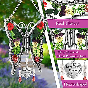 KY&BOSAM Suncatchers Love You Forever Butterfly Mom Gifts, Gift for Mom from Daughter Son, Suncatcher Gifts for Women Ornament for Windows Wind Chime with Pressed Flower Butterfly Embedded in Glass