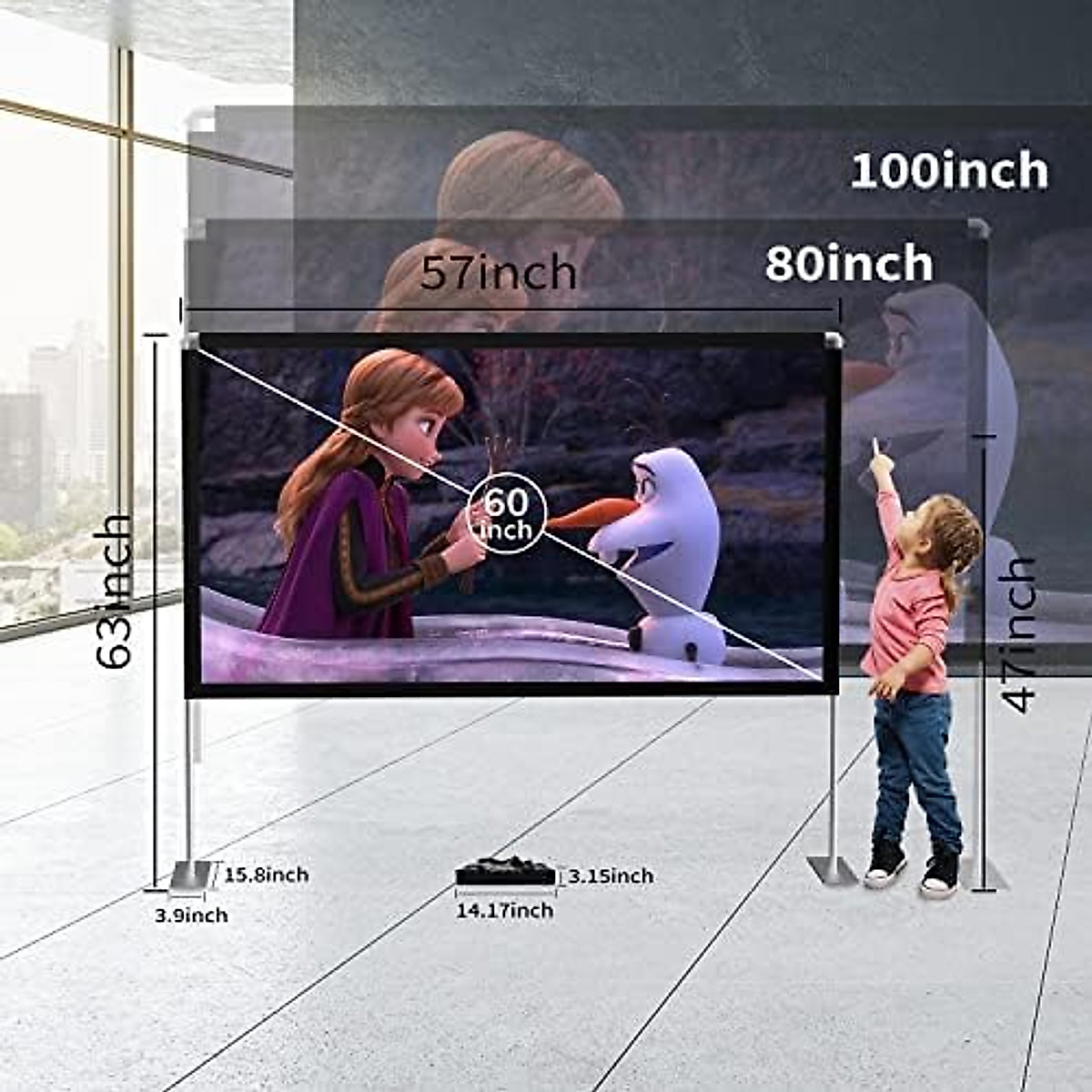 Projector Screen with Stand 60inch Portable Projector Screen 16:9 4K HD Outdoor Indoor Projector Screen with Carry Bag Foldable Wrinkle-Free Movie Screen for Home Theater Travel Camping Party Office