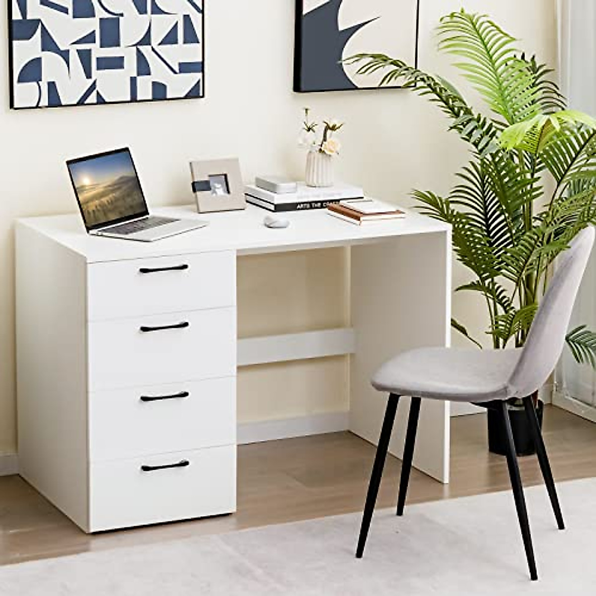 Tangkula White Desk with 4 Storage Drawers, Home Office Writing Desk, Modern Executive Desk, Laptop PC Desk, Vanity Makeup Table, Computer Workstation for Bedroom, Study Room, Office