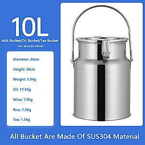 Adima 304 Stainless Steel Milk Transport Can, Heavy Duty Milk Canister Wine Pail Bucket Milk Barrel Tote Jug Dairy Pot with Sealed Lid And Single Handle (Silver),10L