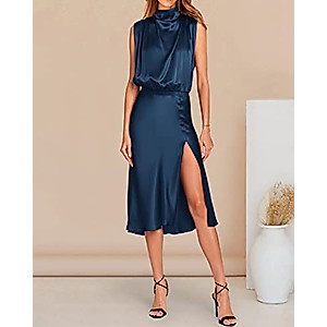 PRETTYGARDEN Women Summer Formal Mock Neck Sleeveless Satin Dress Elastic Waist Slit Midi Wedding Guest Dresses 2023(Solid Dark Blue,Large)