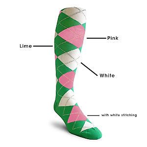 Golf Knickers Colorful Knee High Argyle Cotton Socks For Men Women and Youth - NNN: Lime/Pink/White - Ladies