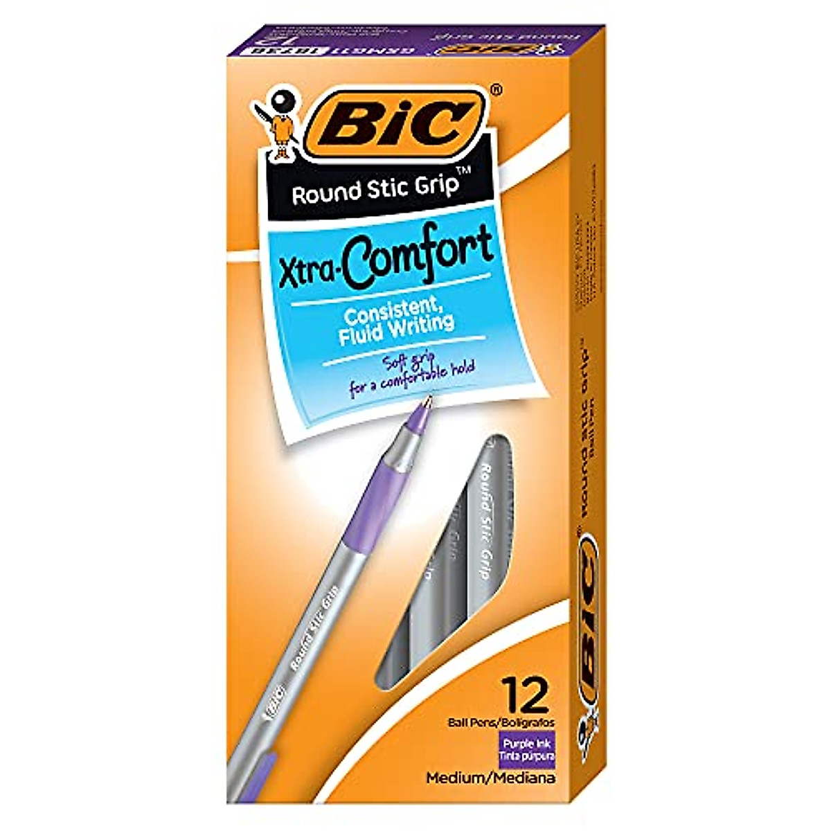 BIC Round Stic Grip Xtra Comfort Fashion Ball Point Pen, Purple, 12 Pack