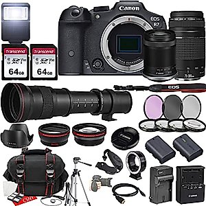 Canon EOS R7 Mirrorless Camera w/RF-S 18-150mm f/3.5-6.3 is STM Lens + EF 75-300mm f/4-5.6 III Lens + 420-800mm f/8.3 Telephoto Lens, 2X 64GB Memory, Hood, Case, Filters, Tripod & More (35pc Bundle)