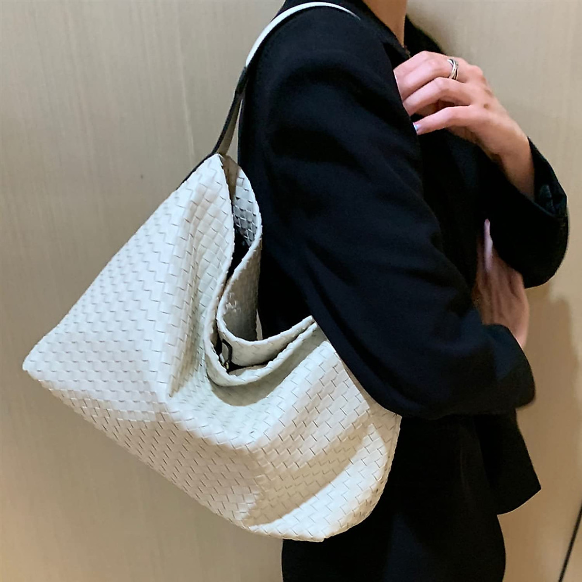JINMANXUE Women Boston Bag Woven Vegan Leather Handbags Female Satchel Messenger Bag Fashion Shoulder Bag Casual Hobo (Off white)