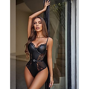 Avidlove Lingerie for Women Mesh Bodysuit Snap Crotch Teddy Underwire Lace Babydoll Black L