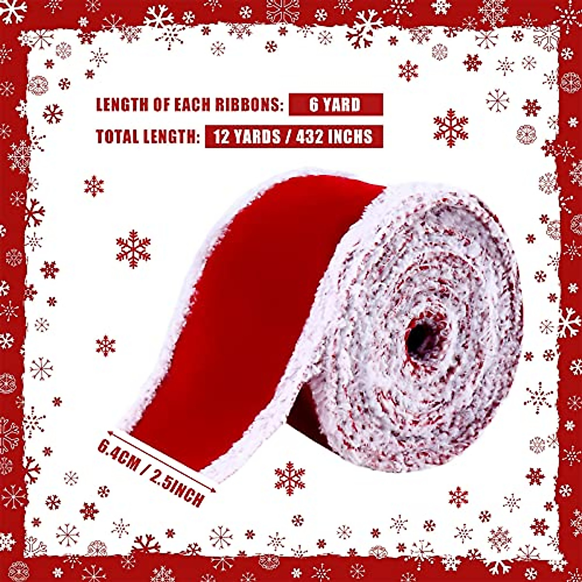 2 Rolls Christmas Velvet Decorative Ribbons Rolls Craft DIY Ribbon Fabric Cloth Ribbon Wire Edge Ribbons for Craft Christmas Holiday Decoration(2.5 Inch x 6 Yard,Red)