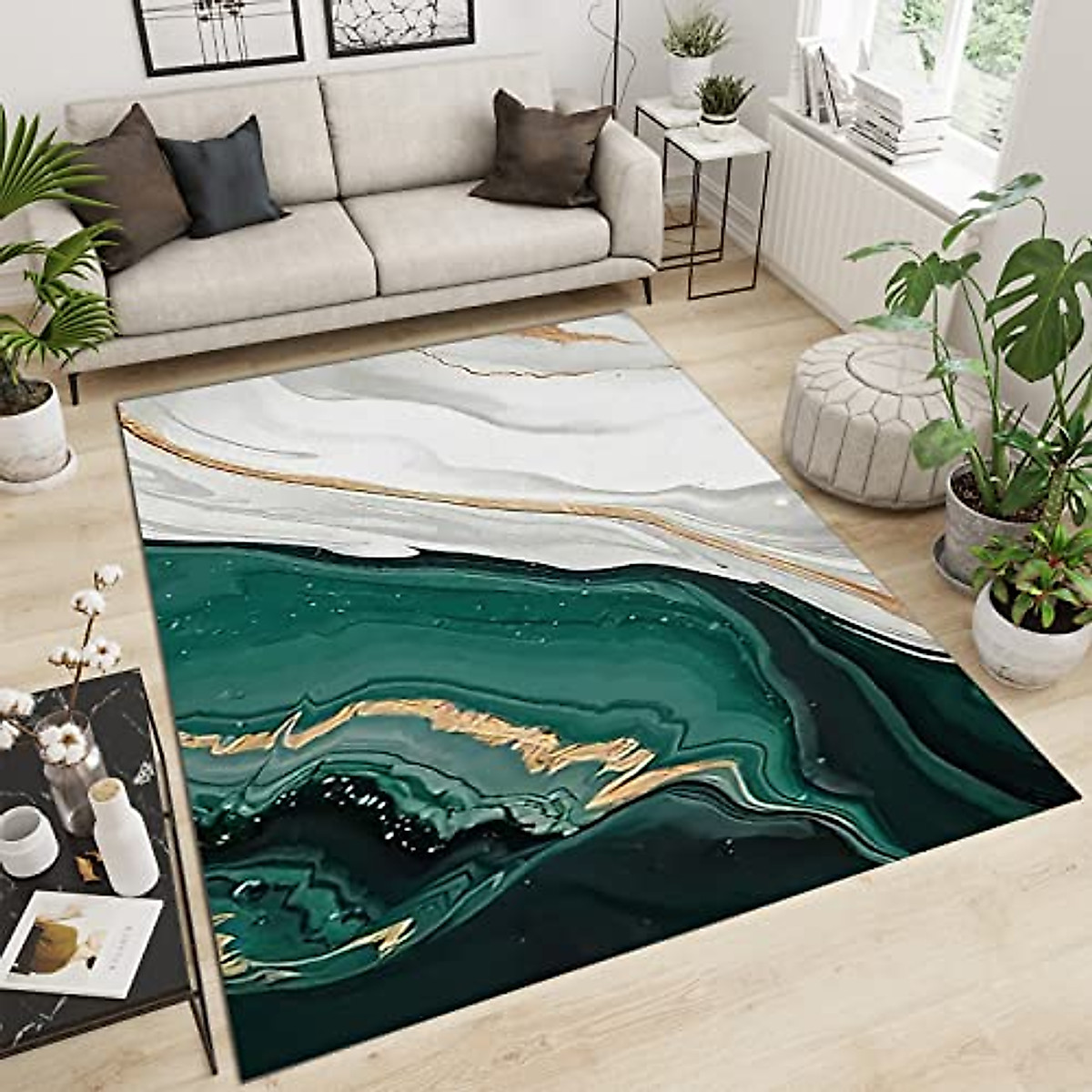 JUGTL Emerald Green Art Area Rug, Gold Lines Decorative Rug, Washable Bedroom Rug with Non-Slip Backing Large Area Soft for Boys Girls Living Room Entrance Corridor Kids Room Office-6ft×8ft