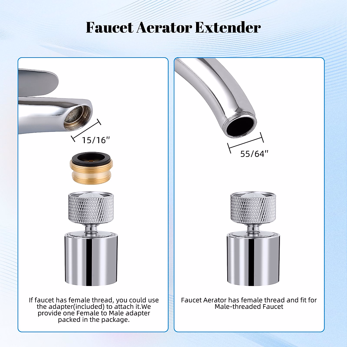 Hibbent Dual-function Metal Faucet Aerator, 2-Flow Big Angle Rotate Kitchen Sink Aerator 360 Degree Swivel Sink Sprayer Attachment, 55/64 Inch Female Thread, Chrome