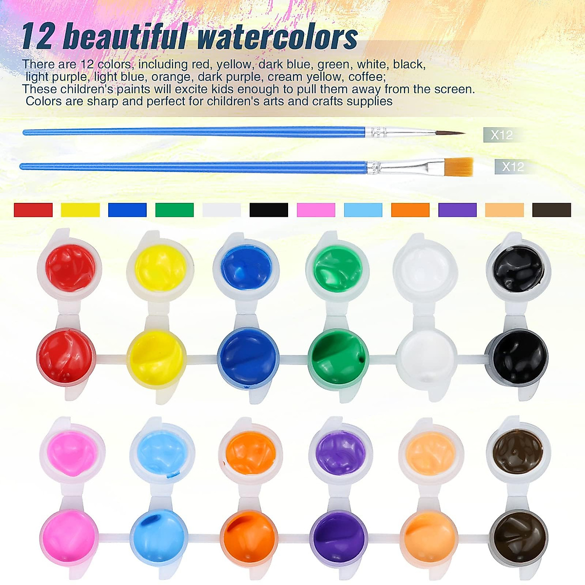 WYOMER 12 Sets(168 PCS) Acrylic Paint Set, 12 Colors Water Paint with Brushes, Washable Paint Sets for Home, Classroom and Birthday or Art Party(24 Brushes)