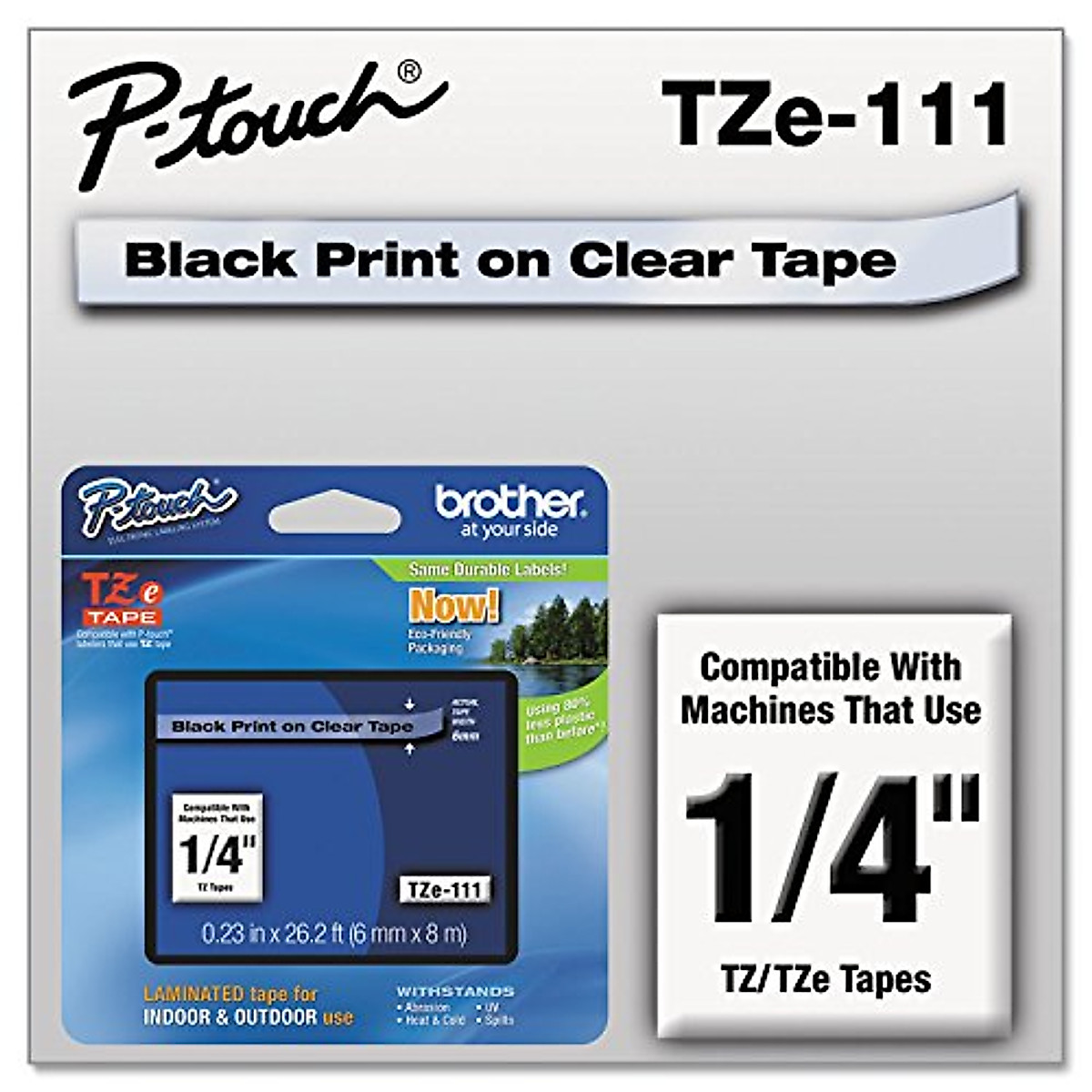 Brother Tze111 Tze Standard Adhesive Laminated Labeling Tape, 1/4-Inch W, Black On Clear