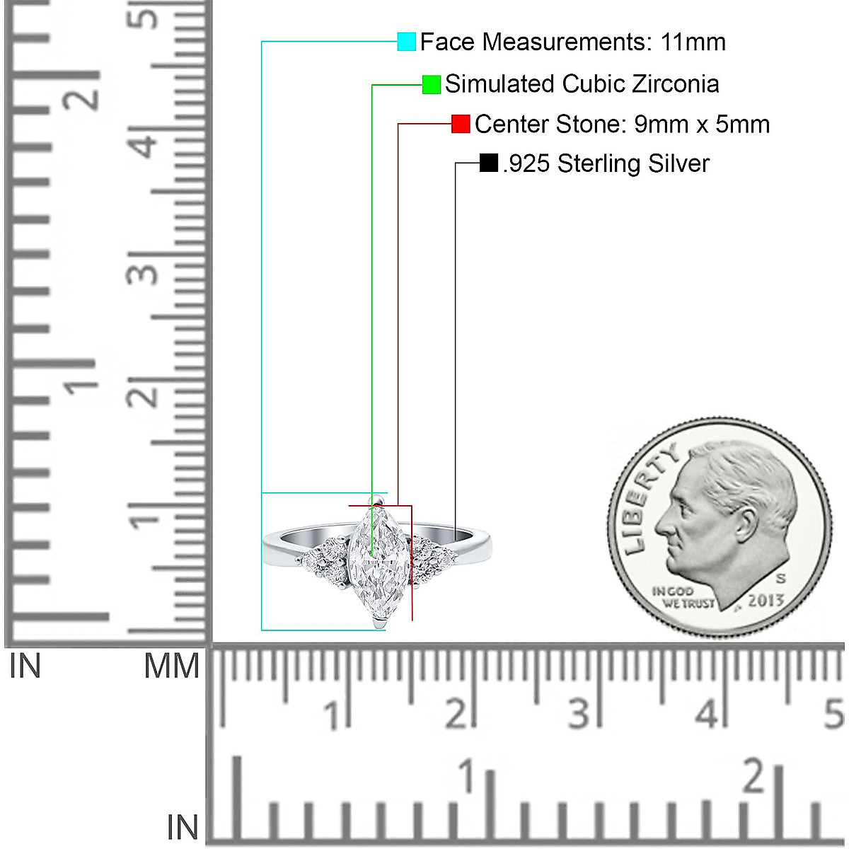 Blue Apple Co. Simulated Cubic Zirconia Size-5 Vintage Art Deco Marquise Wedding Engagement Bridal Ring CZ 925 Sterling Silver