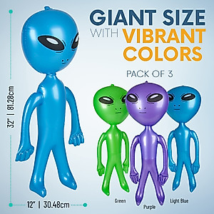 Vlish 3 Inflatable Alien - Pack of 3 Jumbo - Green, Purple and Blue Inflate Martian Aliens Toy for All Ages, Great for Halloween Party Decorations and Birthday, Area 51-32" x 12"