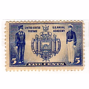 U.S. Post Office PSA Postage Stamps United States. One Single 5 Cents Ultra, Seal of U.S. Naval Academy and Naval Midshipmen Stamp, Dated 1937, Scott #794
