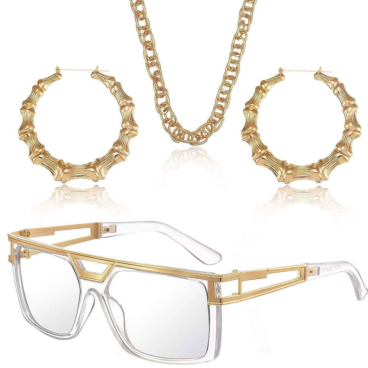 GEJOY 90s Accessories Outfit for Woman 80s Clothes Hip Hop Costume Kit Old School Rapper Sunglasses Faux Gold Rope Chain Earrings 80s/ 90s Buchona Freaknik Theme Party Decorations