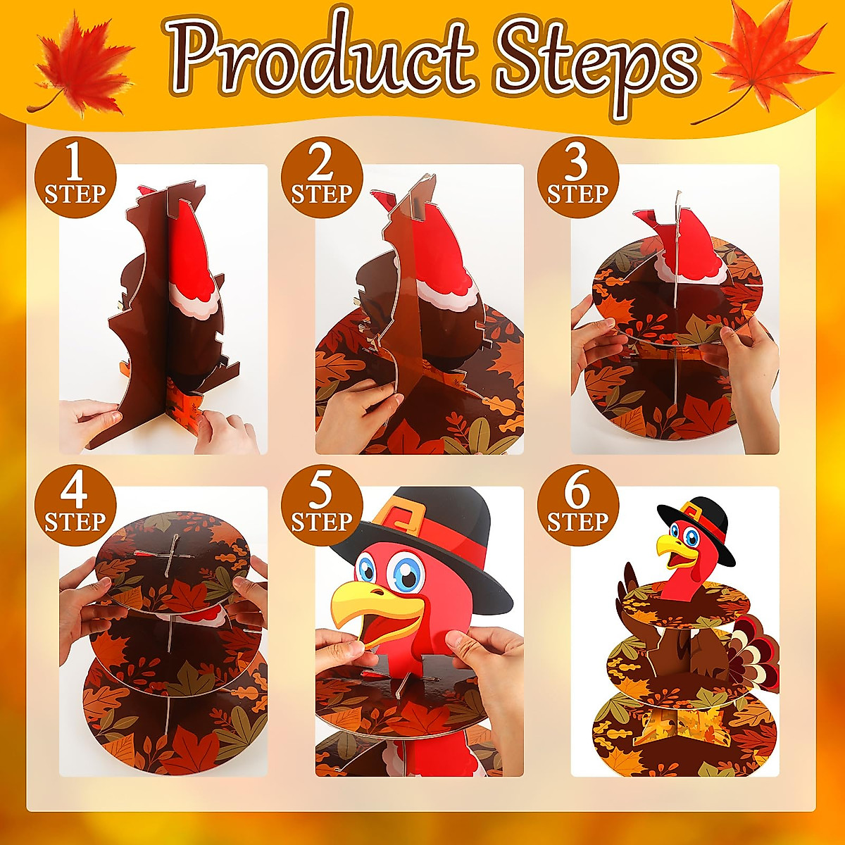 Uiifan Thanksgiving Day Cupcake Stand 3 Tiers Turkey Maple Leaf Cardboard Cake Dessert Holder Tower Cookie Trays for Fall Autumn Thanksgiving Decorations Party Supplies