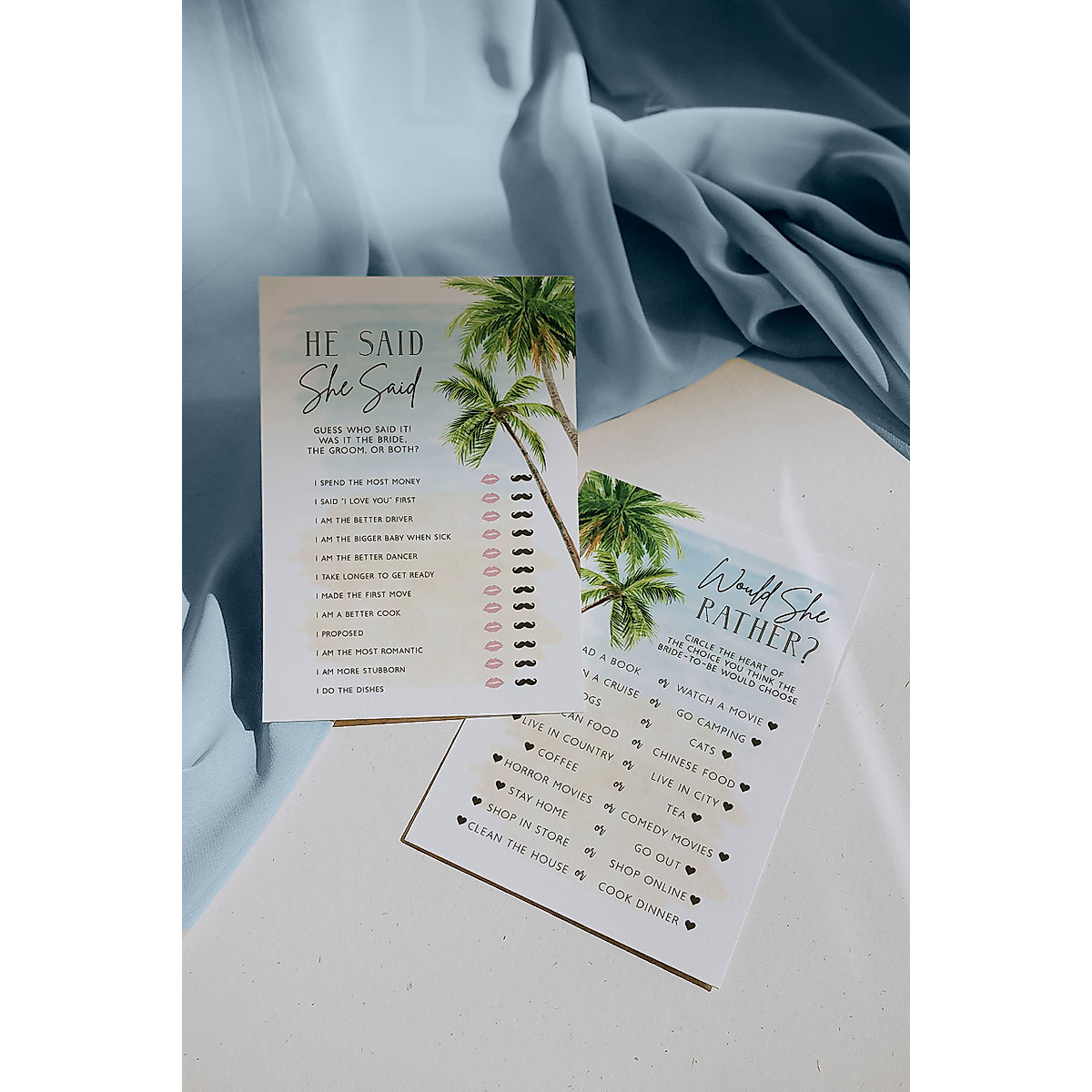 Your Main Event Prints Palm Tree Beach, Wedding Bridal Shower Games Guest Quest, He Said She Said, Would She Rather, How Well Do You Know(Set of 4 Fun Activities for 25 Guests)