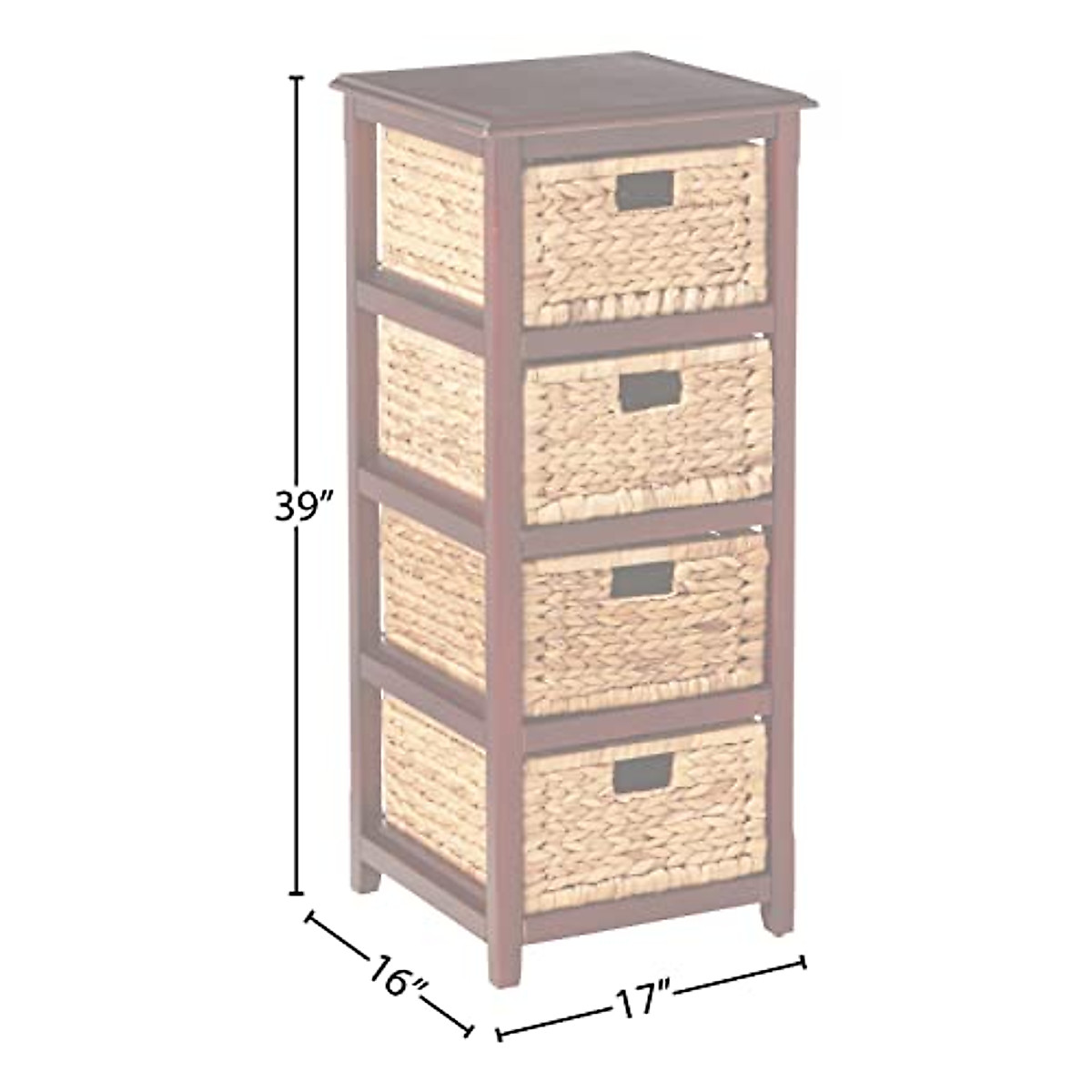 OSP Home Furnishings Seabrook Storage Tower with Solid Wood Frame and Natural Baskets, 4-Drawer, Espresso Finish