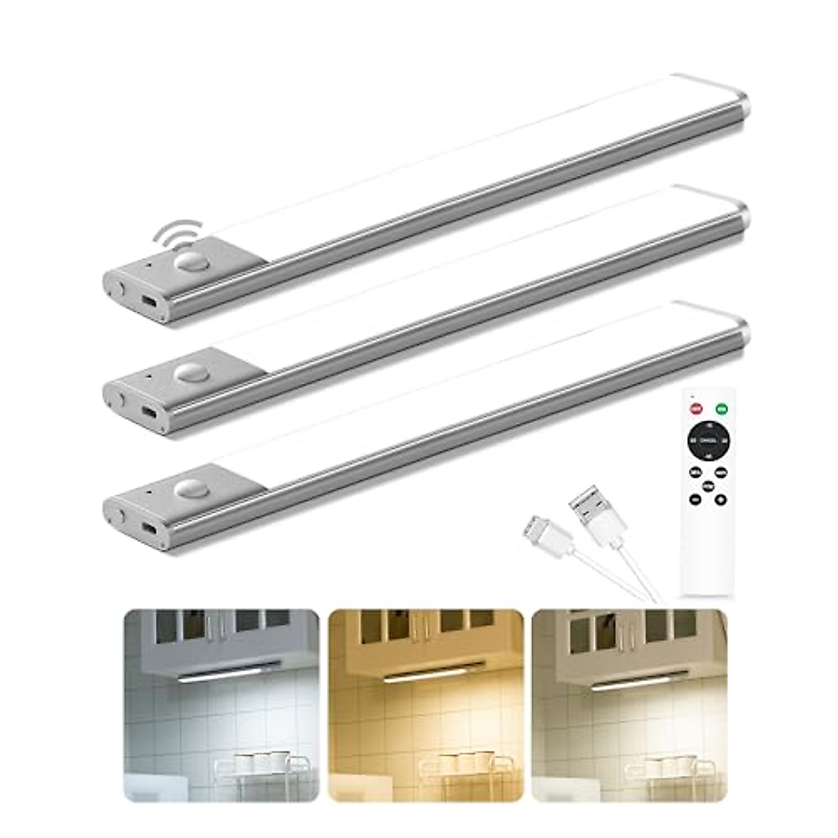 Kasanfe 64-LED Under Cabinet Lights, Motion Sensor Under Cabinet Lighting, 1500mAh Rechargeable LED Closet Light Remote, Under Counter Lights for Kitchen, Shelf, Pantry (3 Pack)