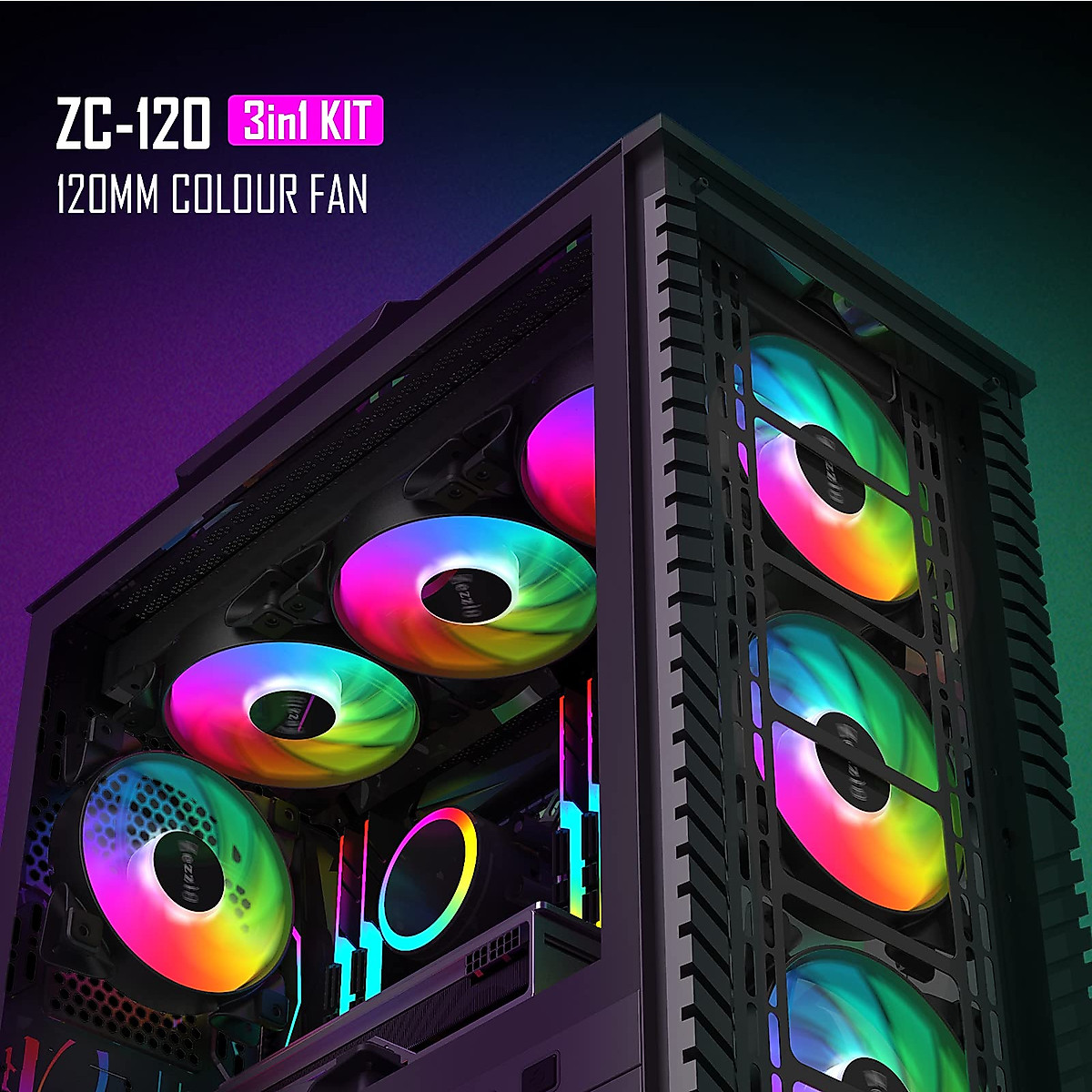 Zezzio 3PCS LED Cooling Fans for PC Case 120mm 3PIN/4PIN CPU Coolers Radiators(3pcs LED Color