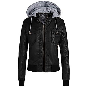 wantdo Women's Faux Leather Motorcycle Jacket with Hoodie Windbreaker Black XL