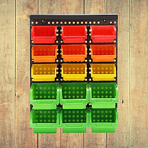 MULSAME Garage Storage Bins With Pegboard, Wall Mounted Parts Rack with 15PCS Bins Organizer, Stackable Garage Plastic Shop Tool, Garage Organizers for Nuts, Screws, Nails, Beads, Bolts Storage