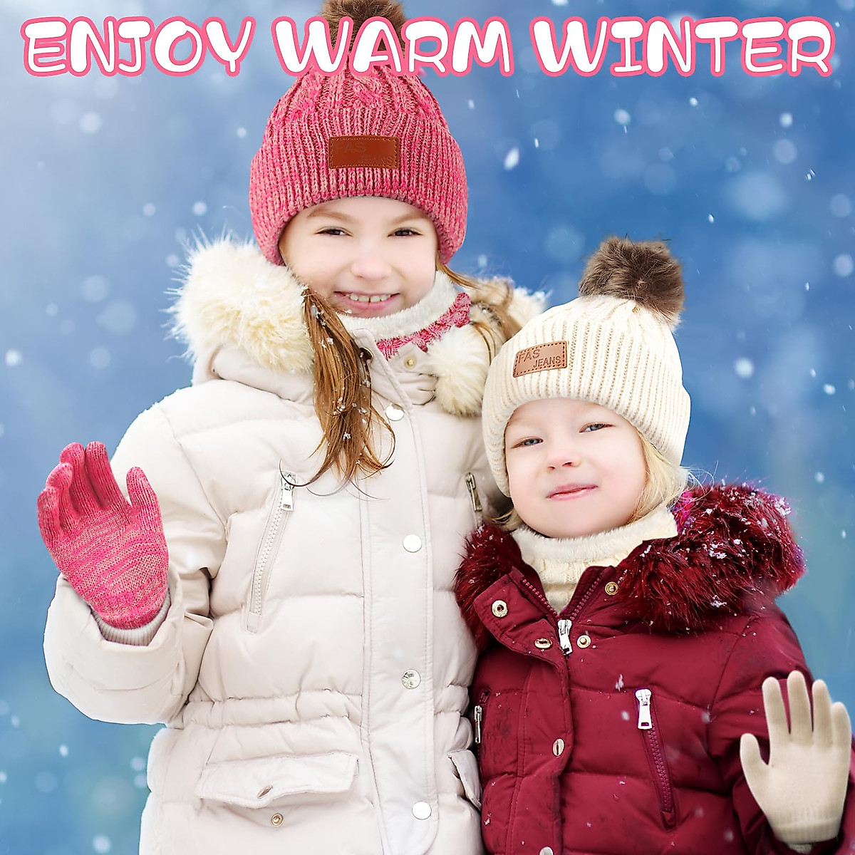 Liitrsh 4 Sets Kids Winter Hat Gloves Scarf Set Children Hats Neck Warmer Winter Gloves for Kids 5-12 Years (Fresh Color)