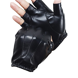 Long Keeper Fingerless Leather Gloves Women Men Cycling Driving Motorcycle Sport Half Finger Elastic Cuff Black Gloves (Black, XL)