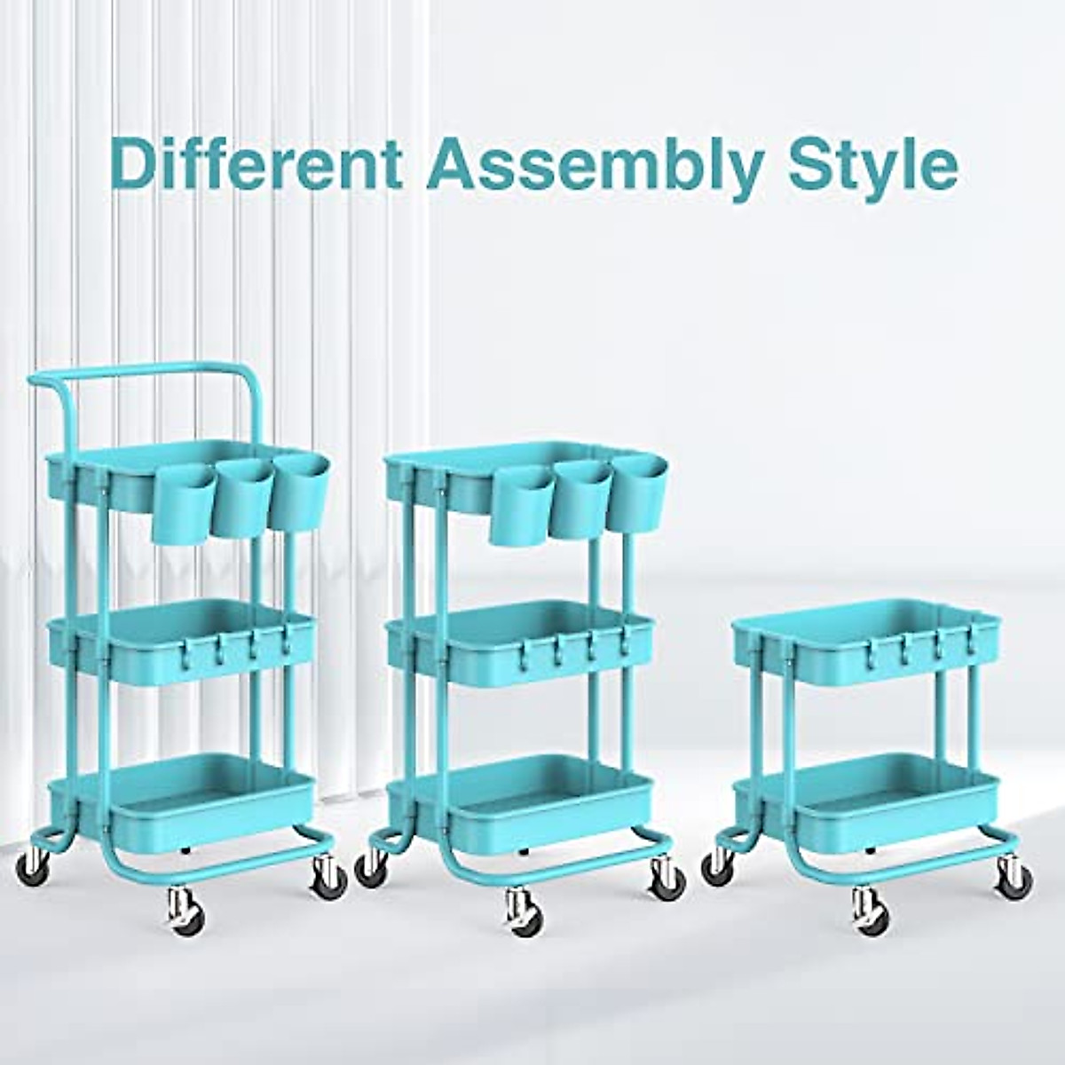 alvorog 3-Tier Rolling Utility Cart Storage Shelves Multifunction Storage Trolley Service Cart with Mesh Basket Handles and Wheels Easy Assembly for Bathroom, Kitchen, Office (Blue)