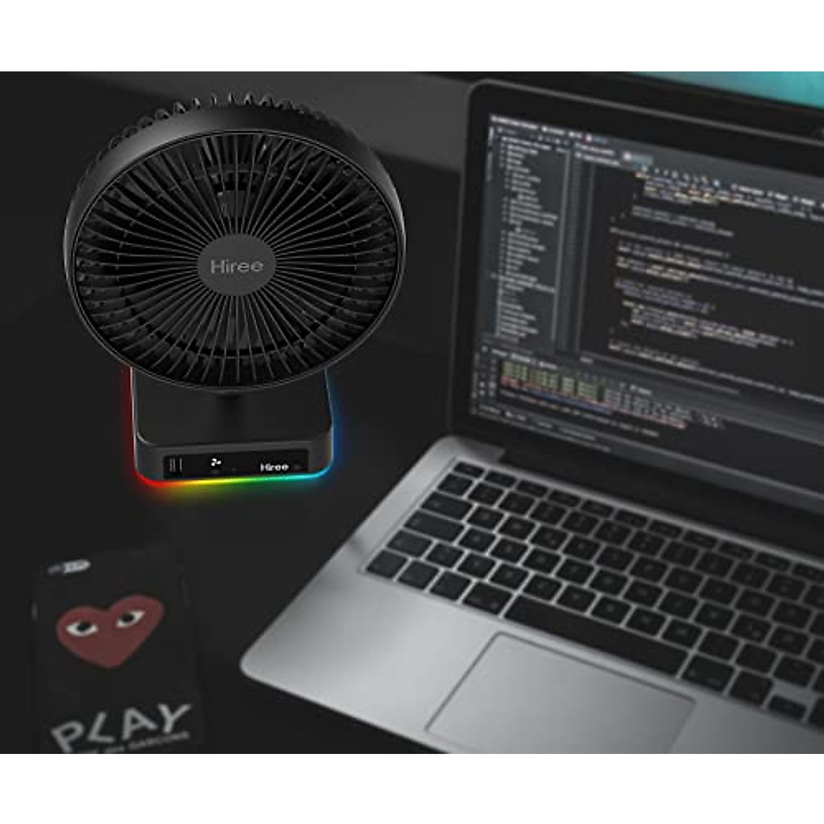 Hiree Desk Fan with USB Charging Port, 2 Speeds 6.7 Inch Small Desktop Table Fan with 2 AC Outlets and LED Lights, Strong Wind, Quiet Operation - Personal Fan for Home, Dorm Room, Office