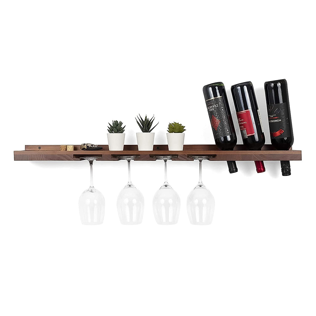 Rustic State Molise Wall Mount Wood Floating Wine Rack Stemware Holder Glassware Shelf Cork Storage Organizer for 3 Bottles and 4 Glasses - Home, Kitchen, Dining Room Bar Décor - Walnut