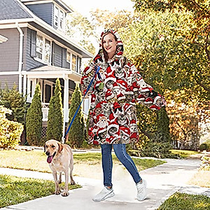 Christmas Cat Sweatshirt Blanket Wearable Hooded Throw Hat Xmas Nap Sherpa Giant Big Pocket Holiday Party Gifts Oversized Sweater Jacket Hoodies For Teens Girls