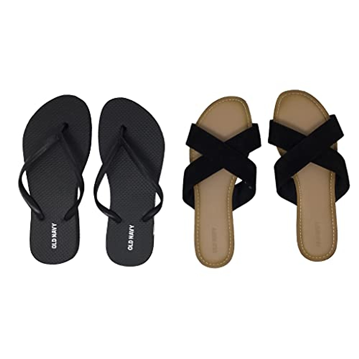 Old Navy ( 9 Faux-Suede Black Cross-Strap Slide & Black Flip Flops