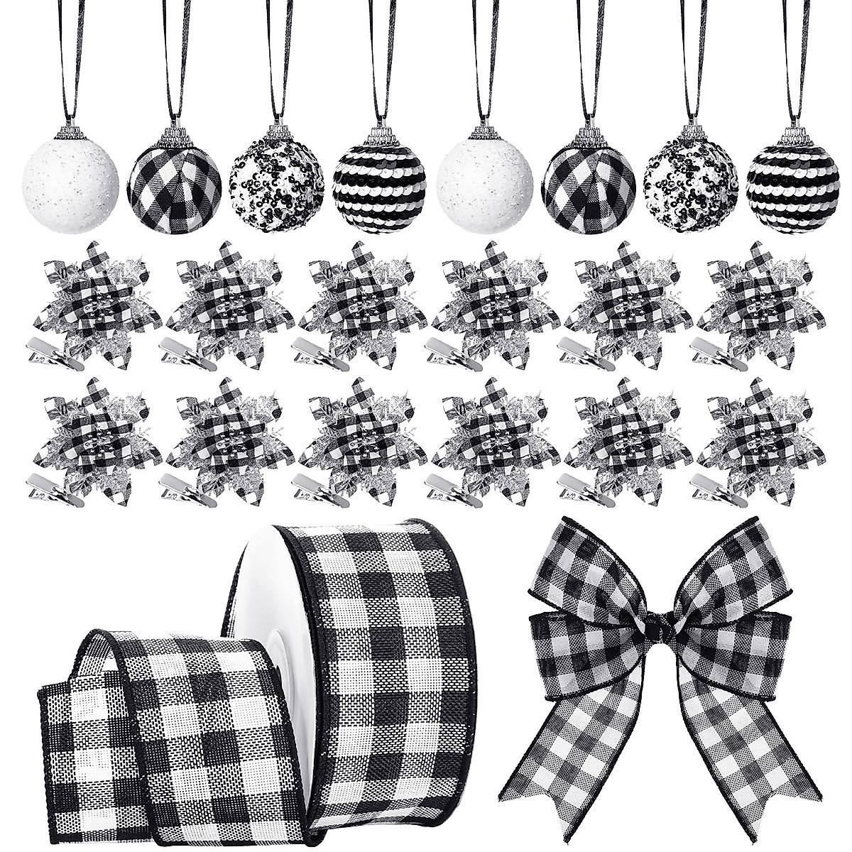 49 Pcs Christmas Tree Hanging Ornament Set Artificial Glitter Poinsettias Flower with Clips Sequin Christmas Ball Ornaments Black and White Buffalo Plaid Decorations Wired Edge Plaid Ribbon Tree Decor