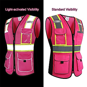 HoliSecure Safety Vest for women, Hi vis Reflective Lady Work vest With 9 Multi Pocket And Zipper(Pink Medium)