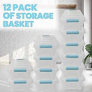 Doloni Storage Bin - 20 Liters - Plastic Storage Container Bin with Secure Lid and Latching Buckles, 12 PACK - Clear, Durable Stackable Nestable Organizing Tote Tub Box Toy General Organization Small