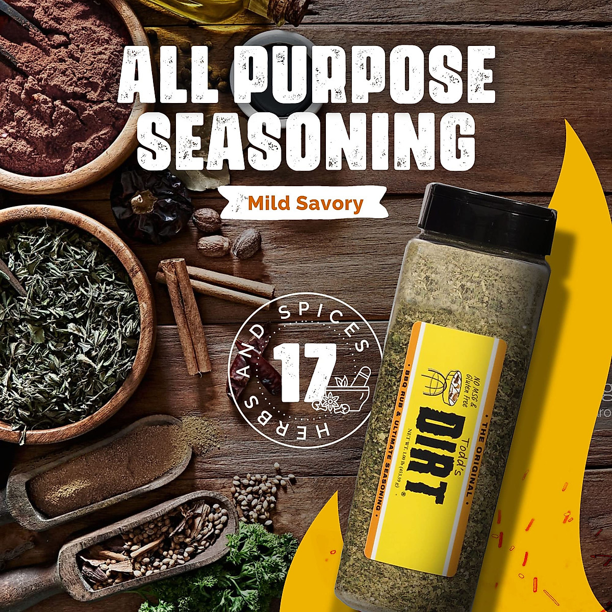 Todd’s DIRT - Original DIRT, All Purpose Seasoning & BBQ Rub, Mild Savory Seasoning/Rub that’s GREAT ON EVERYTHING, Gourmet Grill Seasoning/Rub, 100% All Natural With No MSG & Gluten-Free, 16 Oz