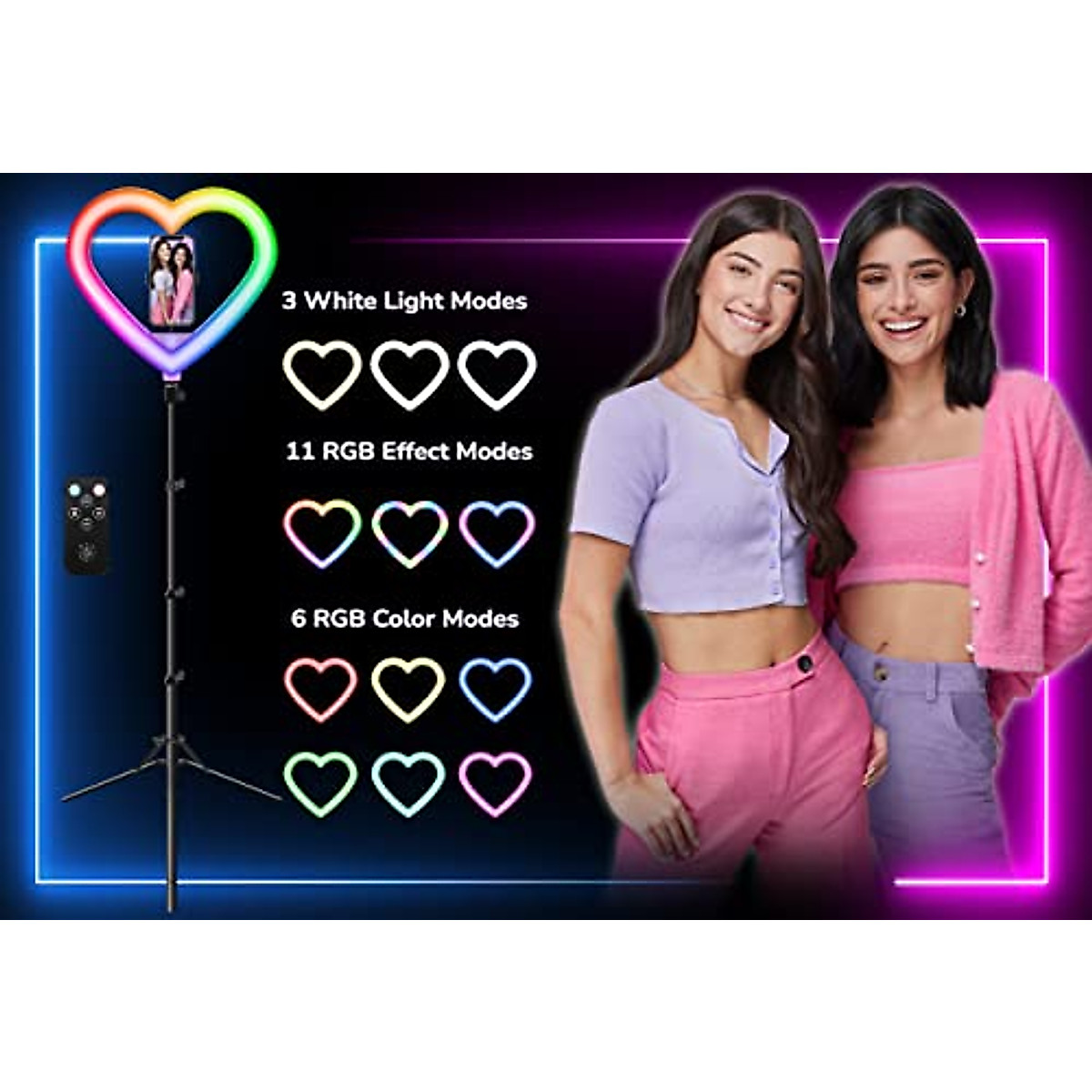 Dixie & Charli 13" Heart Shaped Color LED Ring Light Cell Phone Holder with 63" Tripod Stand and Wireless Remote