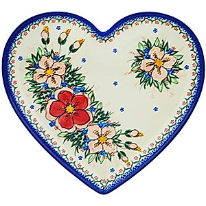 Polish Pottery 10-inch Heart Shaped Platter (Perfect Garden Theme) Signature UNIKAT + Certificate of Authenticity