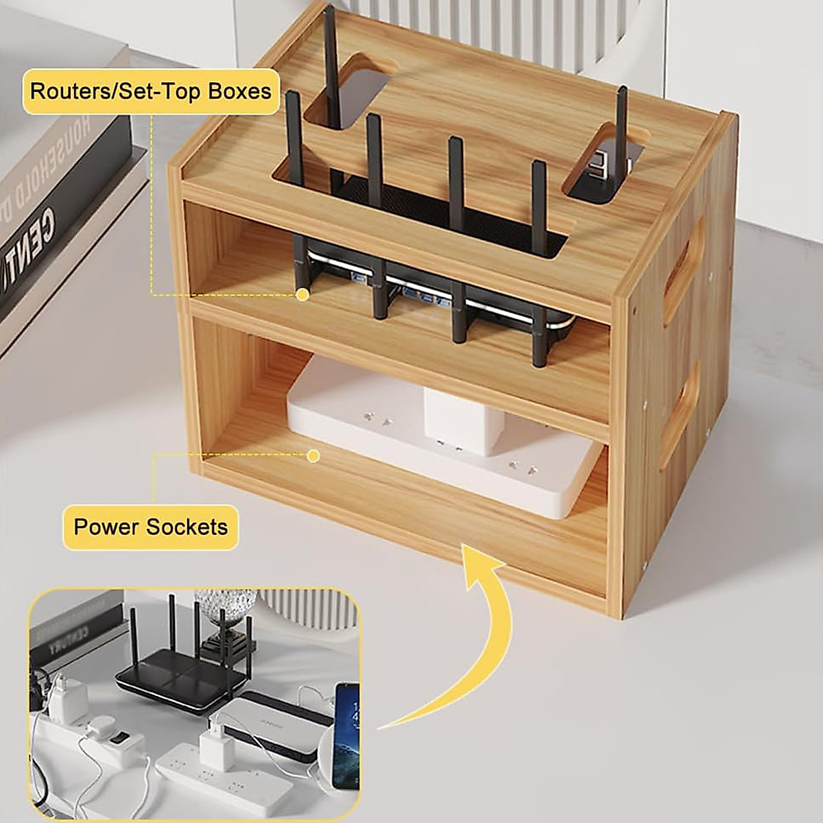 WiFi Router Desktop Storage Box,Power Router Fences Standing Shelf Units,Wooden Cable Management Hider Box Router Storage Racks for Desktop Office and Home,A