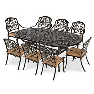 VIVIJASON 9-Piece Outdoor Furniture Dining Set, All-Weather Cast Aluminum Patio Conversation Set, Include 8 Cushioned Chairs and an Oval Table with Umbrella Hole for Balcony Lawn Garden Backyard