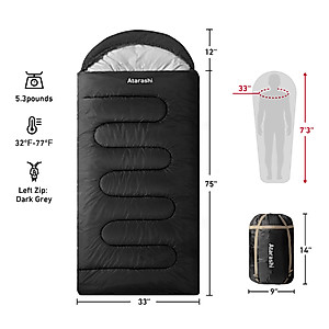 Atarashi Camping Sleeping Bag- 4 Seasons for Adults, Light, Warm, Extra-Large with Compression Sack- Great for Hiking, Backpacking & Outdoor Adventures in Cold Weather,33''X87''