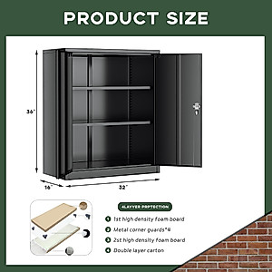 Greenvelly Metal Storage Cabinet with Lock,36" Metal Lockable Storage Cabinet with Doors and 2 Adjustable Shelves, Black Steel Locking Counter Cabinet for Office,Garage, Home, School
