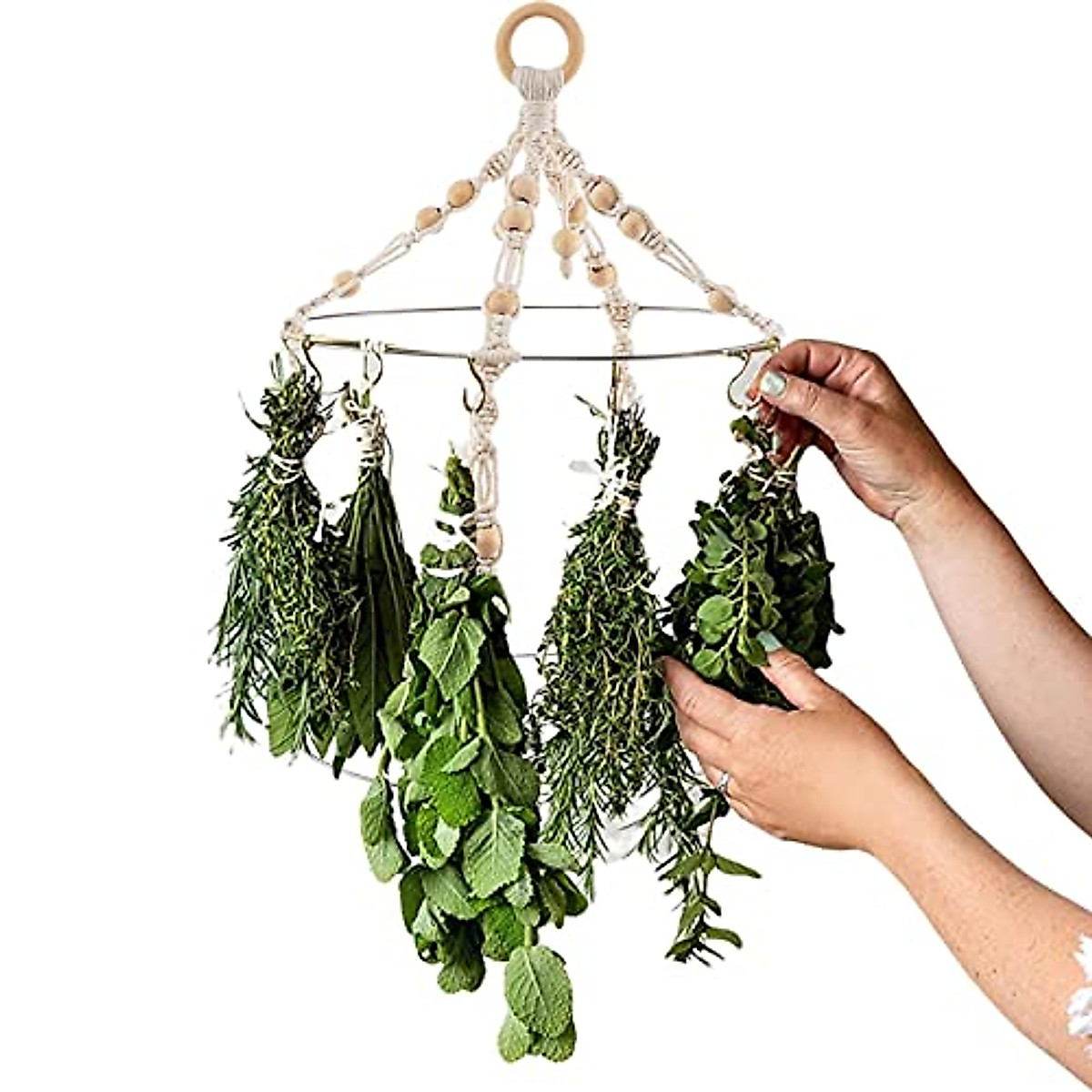 ZUKPUMNE Herb Hanging Drying Rack, Herb Drying 15 Hooks with Rack, Kitchen Decor Flower Drying Hanging Rack, Boho Macrame Handcrafted Drying Rack for Herbs and Plants