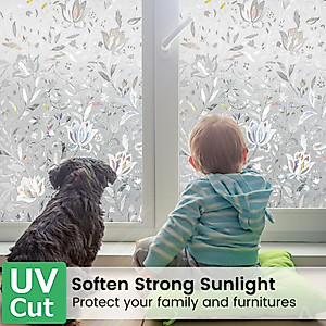 rabbitgoo Window Privacy Film, Decorative Stained Glass Window Film, Sun Blocking Glass Clings, Renter-Friendly Static Cling Frosted Sticker Covering for Home Door, Rainbow Tulip 17.5" x 78.7"